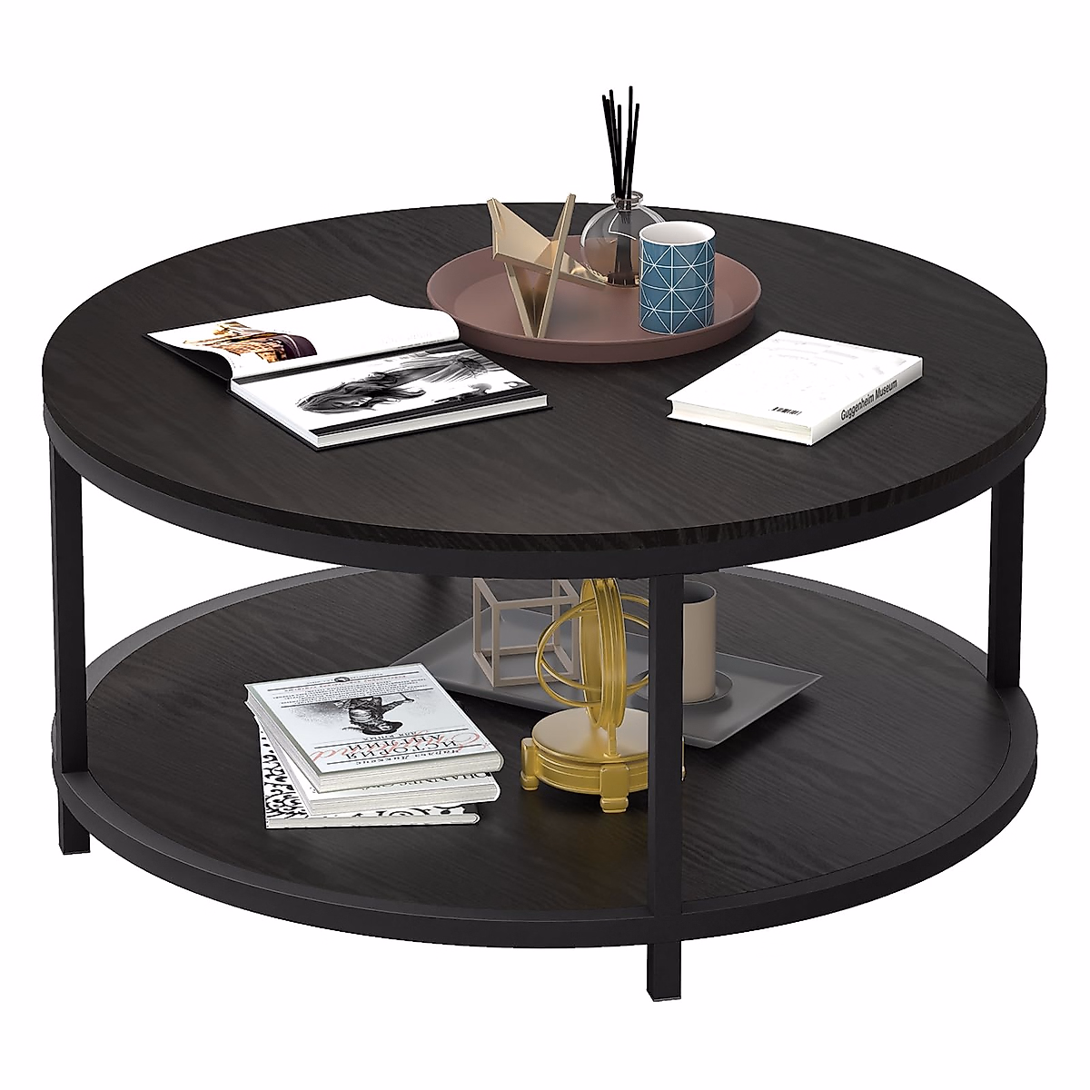 NSdirect 36 inches Round Coffee Table, Rustic Wooden Surface Top & Sturdy Metal Legs Industrial Sofa Table for Living Room Modern Design Home Furniture with Storage Open Shelf (Black)