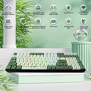 BOYI TK96 RGB Hot Swappable Wireless Matcha Keyboard,2.4Ghz/Bluetooth 5.0/Wired Keyboard N-Key Rollover Custom Gateron Yellow Switch Ergonomic Full Size Keyboard Green Gaming Keyboard