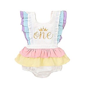 Newborn Infant Baby Girl One 1st Birthday Ruffle Sleeveless Romper Tutu Dress Jumpsuit Bodysuit Cake Smash Outfits (White-Crown, 6-12 Months)
