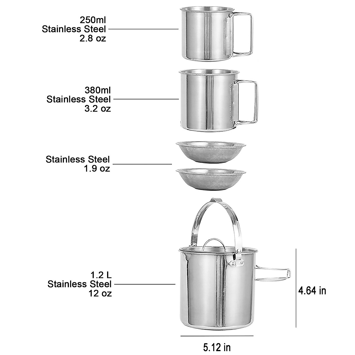 DZRZVD Camping Coffee Kettle and Mugs Set - Stainless Steel Pot with Collapsible Handle and Lid - Boiling Water with Open Fire for Hiking Backpacking Picnic Outdoor - 1.2 L