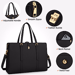 Laptop Bag for Women 15.6 Inch Leather Laptop Tote Bag Waterproof Womens Work Shoulder Bag Professional Computer Briefcase Business Office Bag Large Capacity Fashion Handbag Black