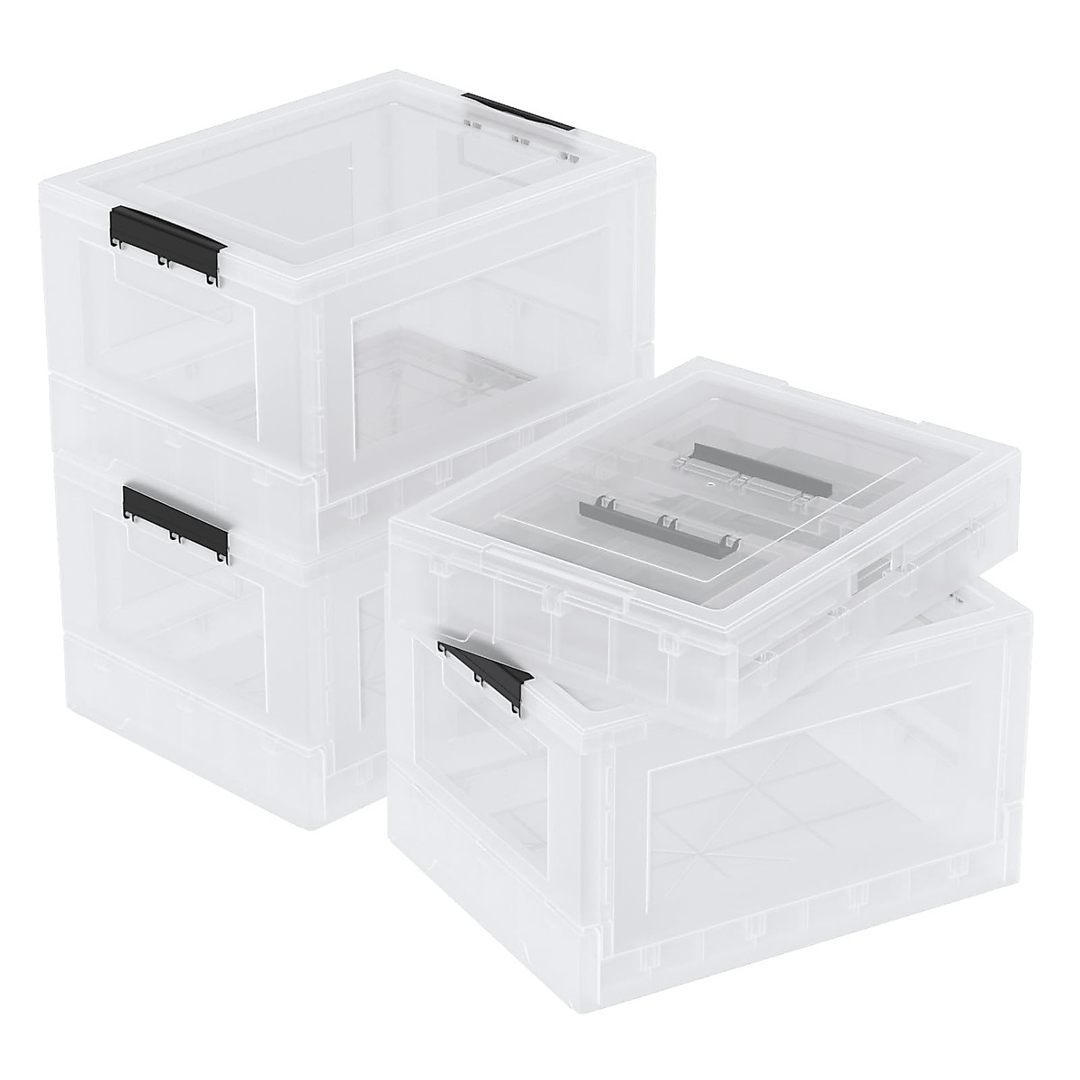 Ortodayes 30 Liter Plastic Foldiable Storage Box, Collapsible Bins with Lid Set of 4, Clear