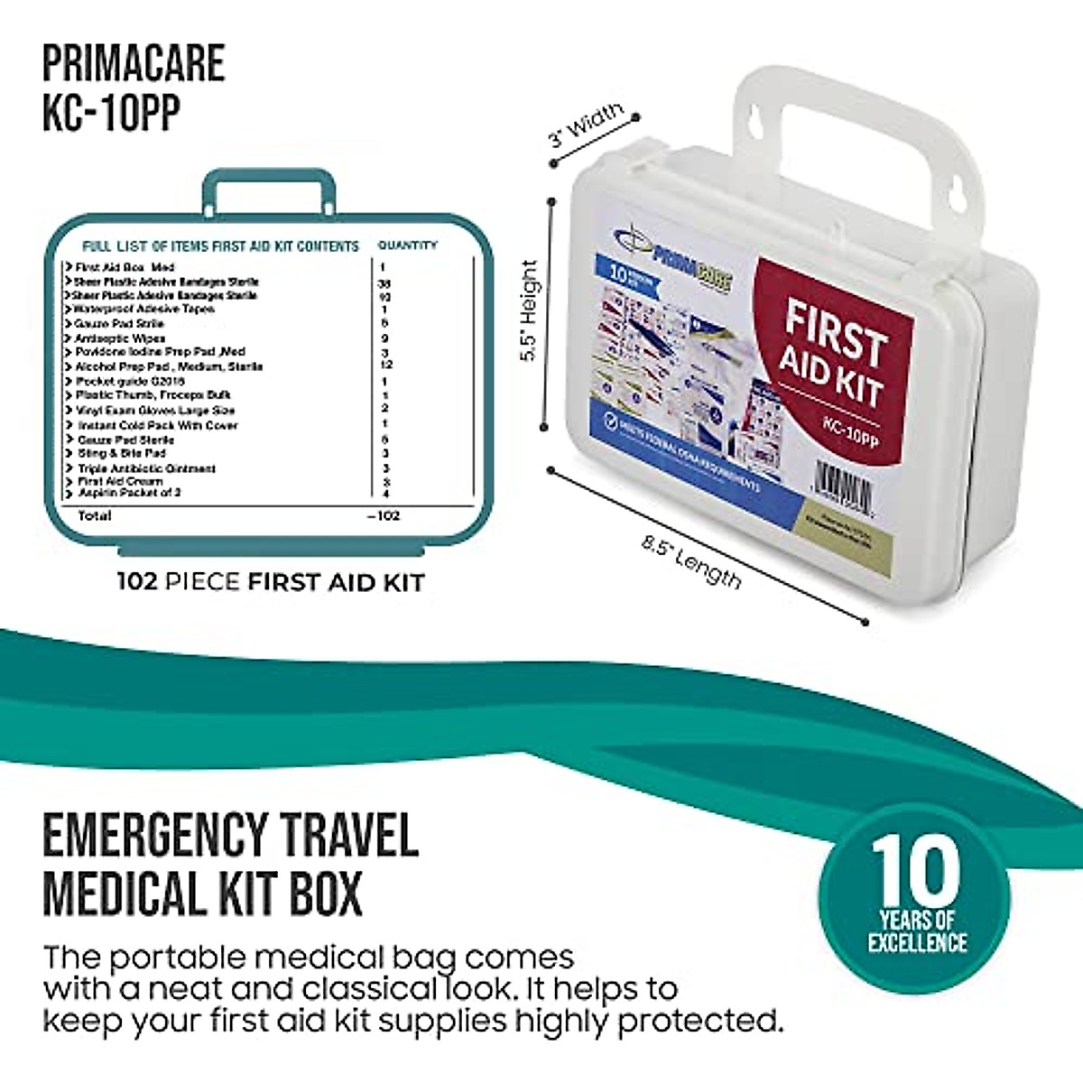 Primacare KC-10PP 10 Person Compact First Aid Kit, 8"x5"x3", with 102 Pieces Emergency Medical Supplies, Portable Kits for Home, School and Office, Wall Mount, White