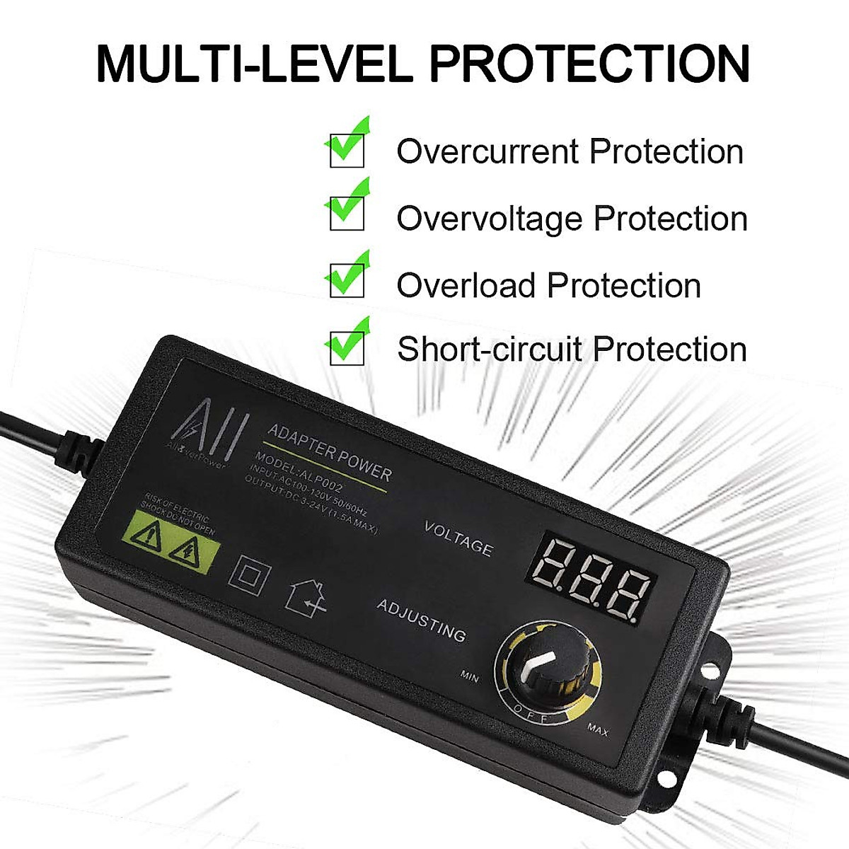 AlloverPower 3V - 24V 1.5A 36W Universal Adjustable DC Power Supply Kit AC Adapter Speed Control Volt Display ON Off Switch with Variable 8 Plugs