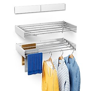 MrToNo Laundry Drying Rack Collapsible, Wall Mounted Drying Rack, Clothes Drying Rack, Retractable Drying Rack,13.2 Linear Ft, 5 Aluminum Rods, 60 lb Capacity (White, 40'')