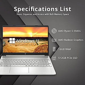 HP 2022 15.6" FHD Laptop, AMD Ryzen 5-5500U Processor, 16GB RAM, 512GB PCIe SSD, AMD Radeon Graphics, HD Webcam, Wi-fi, Bluetooth, Win 11, Silver, 32GB SnowBell USB Card