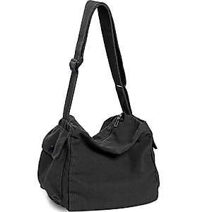 WantGor Canvas Crossbody Bag for Women Men, Large Shoulder Tote Bag Work Handbag Casual Hobo Bags (Black)