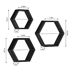 YBING Hexagon Floating Shelves Wall Mounted Black Hexagon Shelves for Wall Set of 3 Wood Honeycomb Shelves for Living Room Farmhouse Decor Wall Hexagon Home Decor Storage Shelves for Bedroom Office
