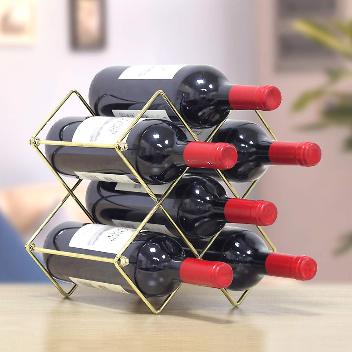 Yimerlen Tabletop Wine Rack, Geometric Countertop Wine Holder, Metal, Capacity - 6 Bottle (Gold)