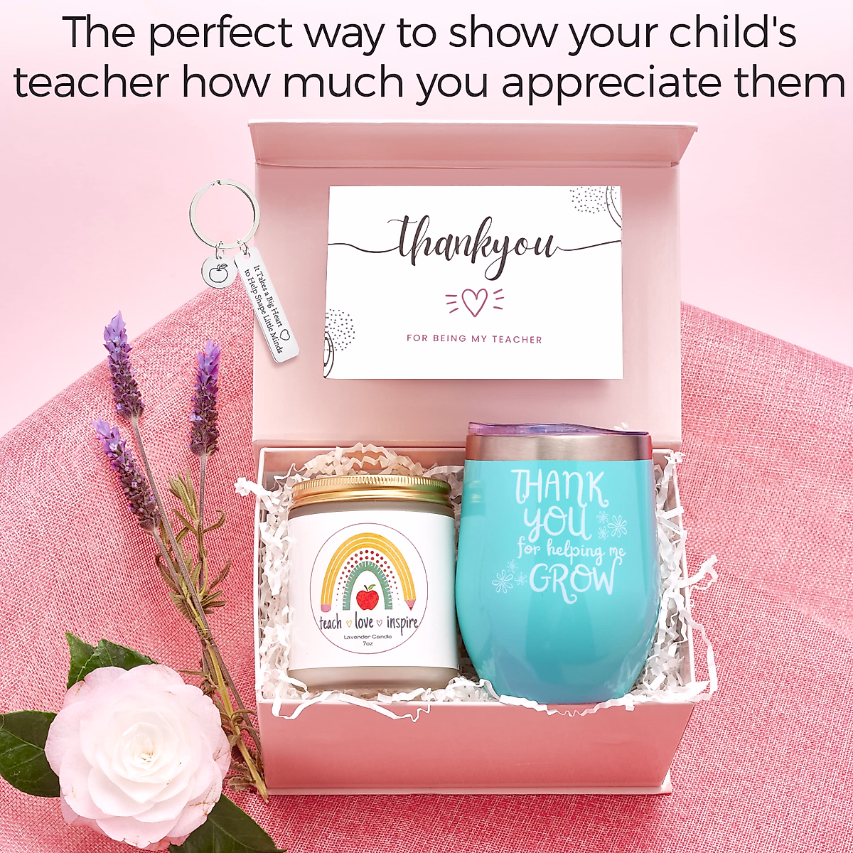Little Mindings End of Year Teacher Gifts | Teachers Appreciation Gift Sets | Teacher Gift Set for Women: 12oz Tumbler, Thank You Candle, Keychain, Thank You Teacher Card