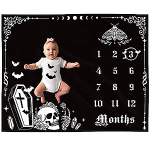 Eunikroko Gothic Baby Monthly Milestone Blanket Halloween Goth Girl and Boy Stuff Photo Prop Spooky Skull Background Blanket for Newborn Mom Gifts Moth Nursery Gift Bat Decorations 40" X 50"