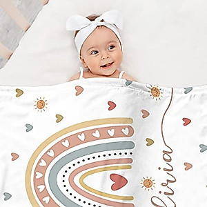 Lcyawer Personalized Baby Blankets with Name for Girls Boys Kids,Custom Boho Style Baby Blanket with Rainbow, Personalized Rainbow and Heart Blanket, Expecting Mom Gift