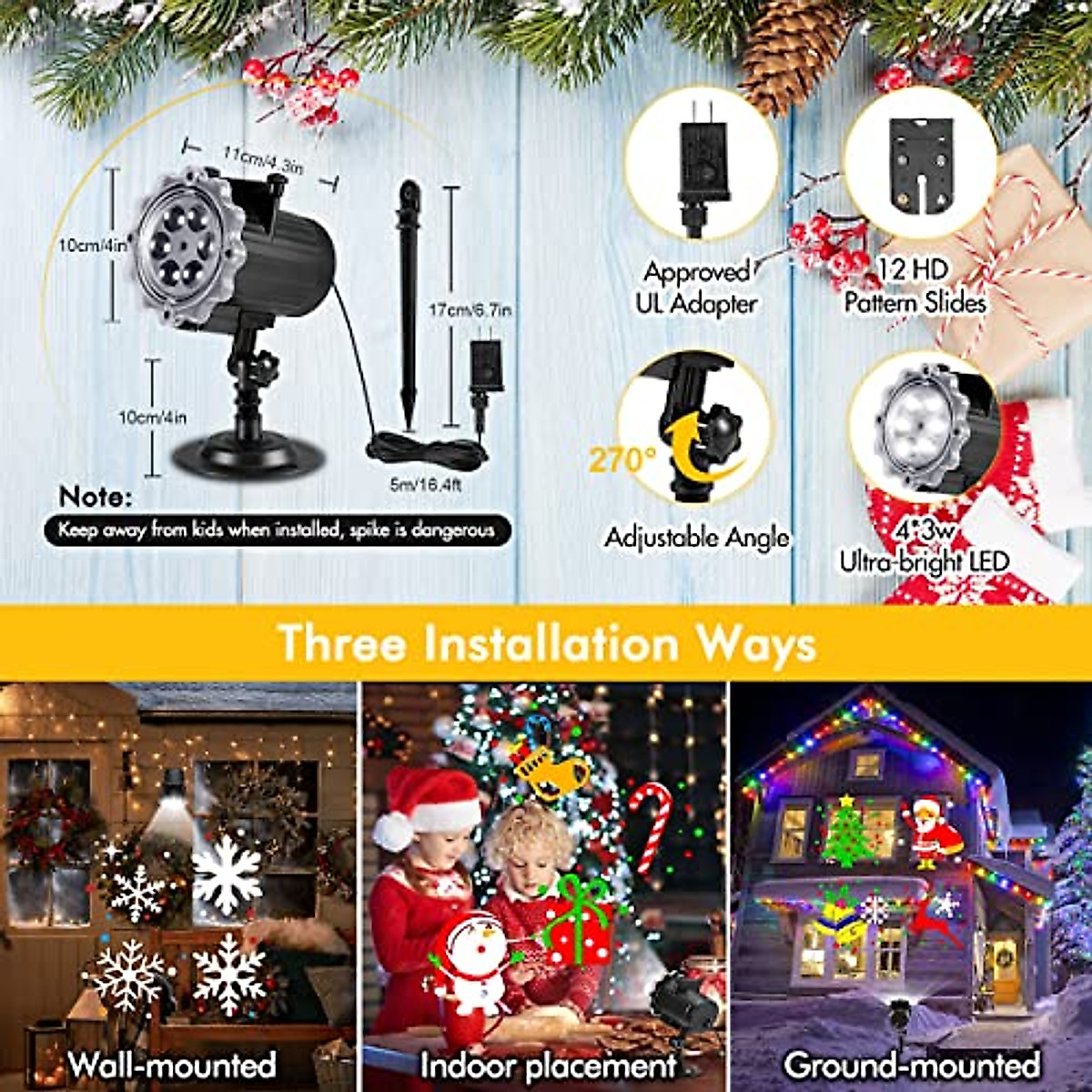 EcoGuru Christmas Projector Lights Outdoor, LED Christmas Light Projector Upgraded IP65 Waterproof 12 HD Effects Holiday Projection Lights Outdoor for Xmas Birthday Party Holiday, Spike/Ground