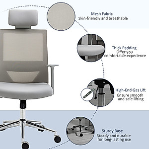 Vinsetto High Back Office Chair, Swivel Task Chair with Lumbar Back Support, Breathable Mesh, and Adjustable Height, Headrest, Grey