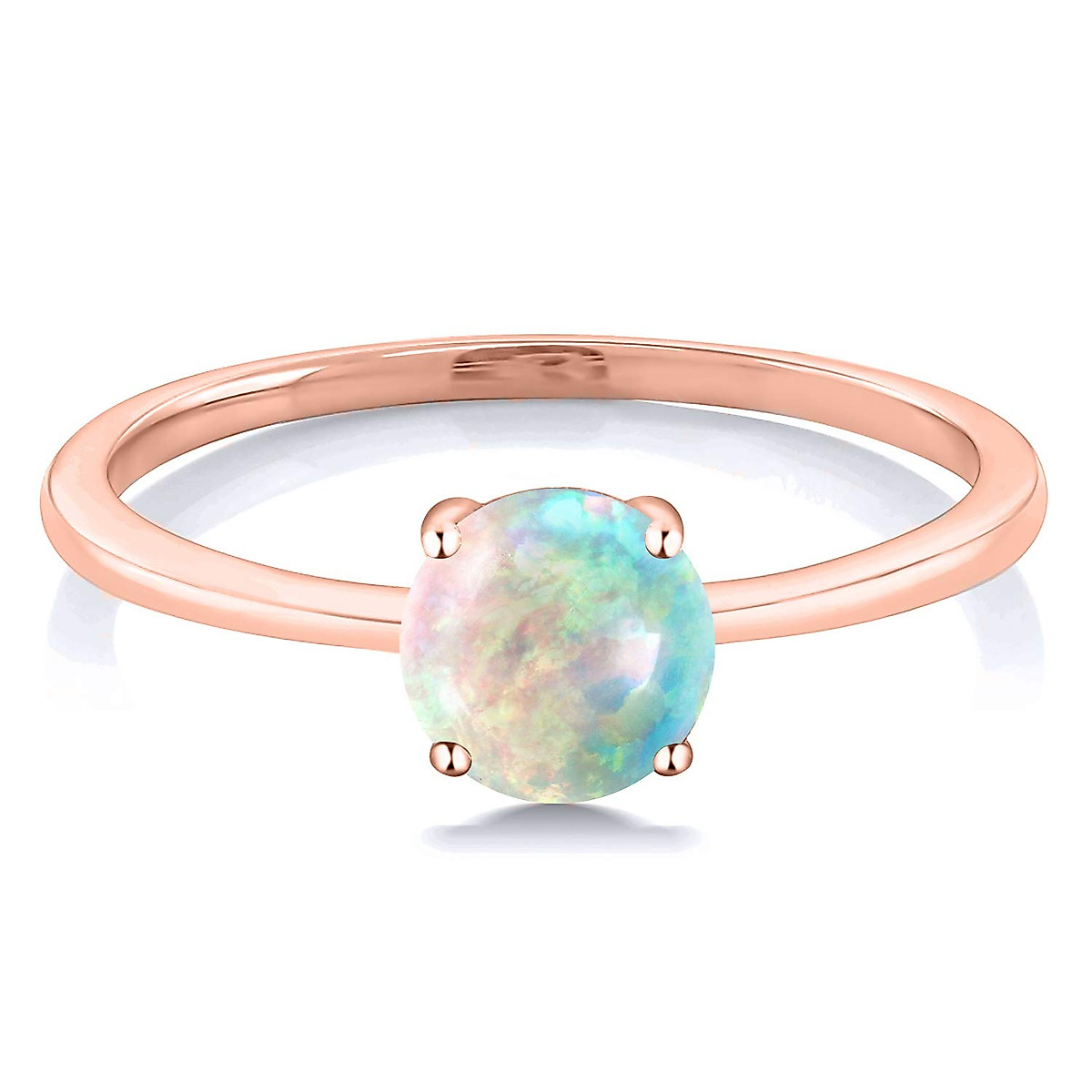 Gem Stone King 10K Rose Gold White Simulated Opal Solitaire Engagement Ring For Women (1.00 Cttw, Round Cabochon 6MM, Gemstone October Birthstone, Size 9)