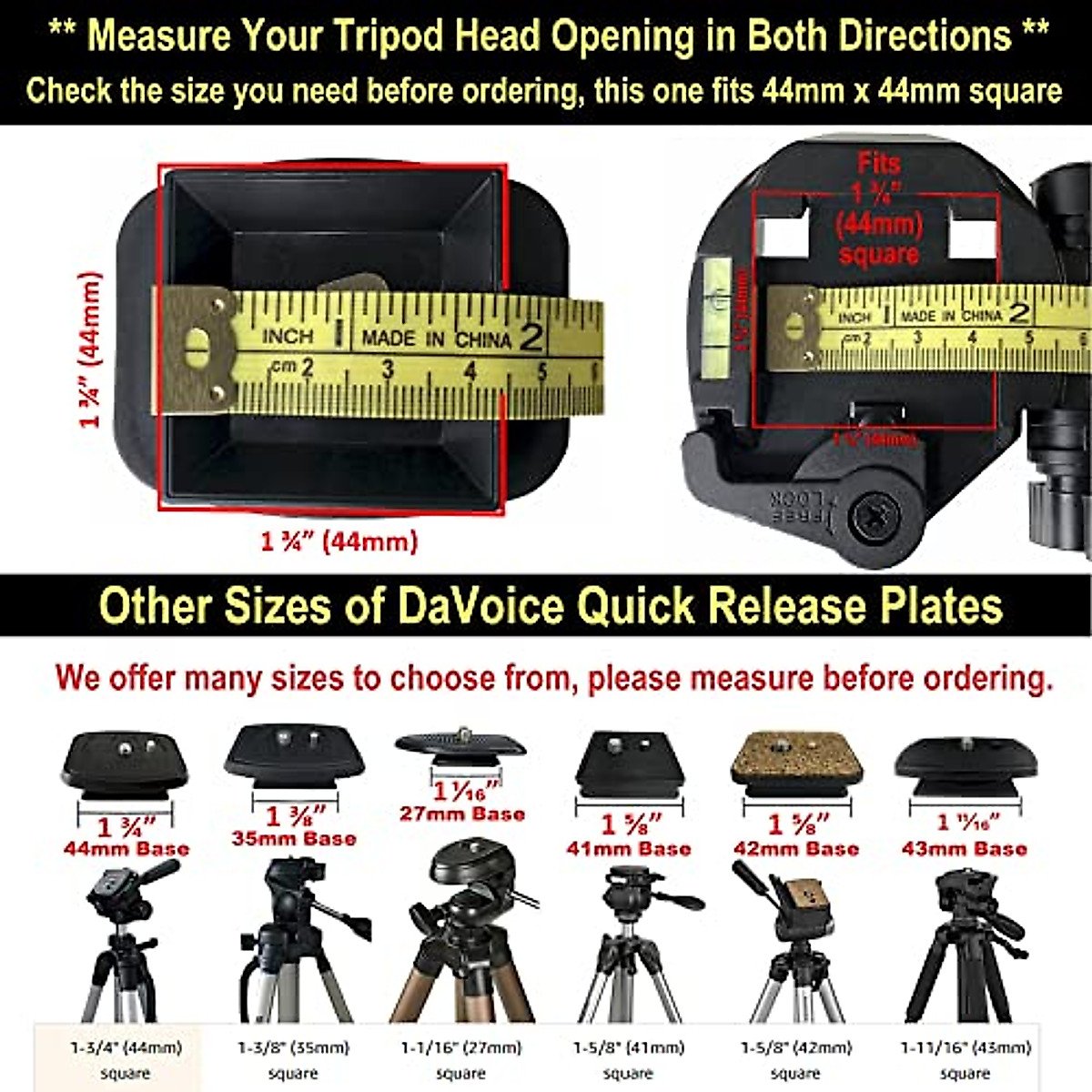 DaVoice 44mm Tripod Quick Release Plate Camera Mounting Adapter Parts Replacement for Certain Ambico, Tar gus, Velbon, Vista Explorer 60”, Sony, Sunpak, Ravelli Tripod Mount Attachment Baseplate QB-4W