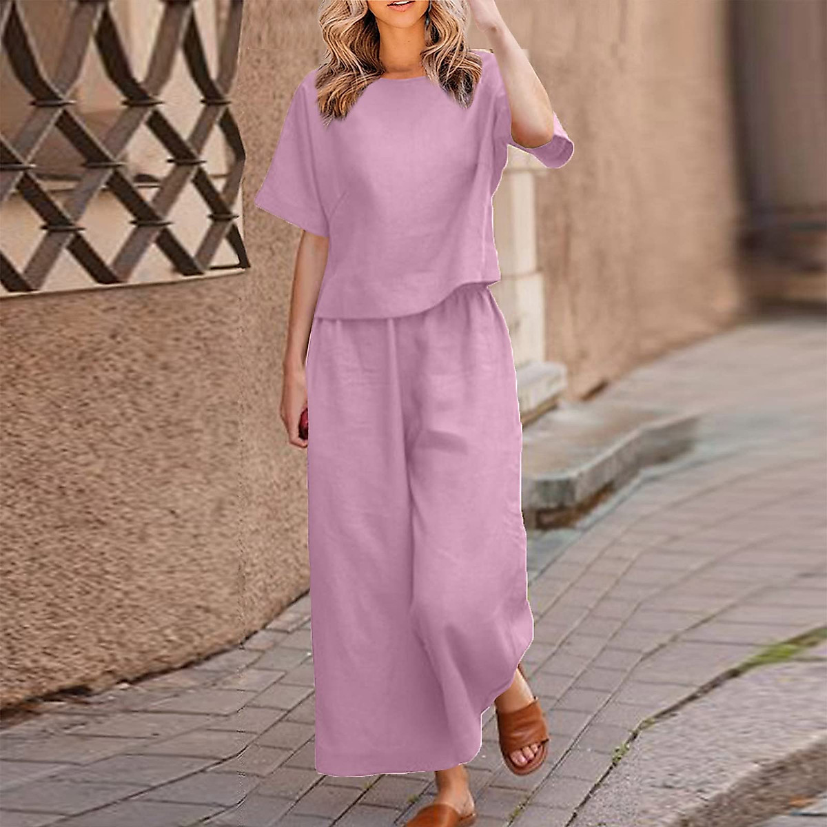 ZDRZK Return Pallets Two Piece Pajama Set For Women Linen Sets For Women 2 Piece Summer Loose Comfy Short Sleeve Crop Top Tshirt Wide Leg Pants Set Matching Lounge Sets Pink M