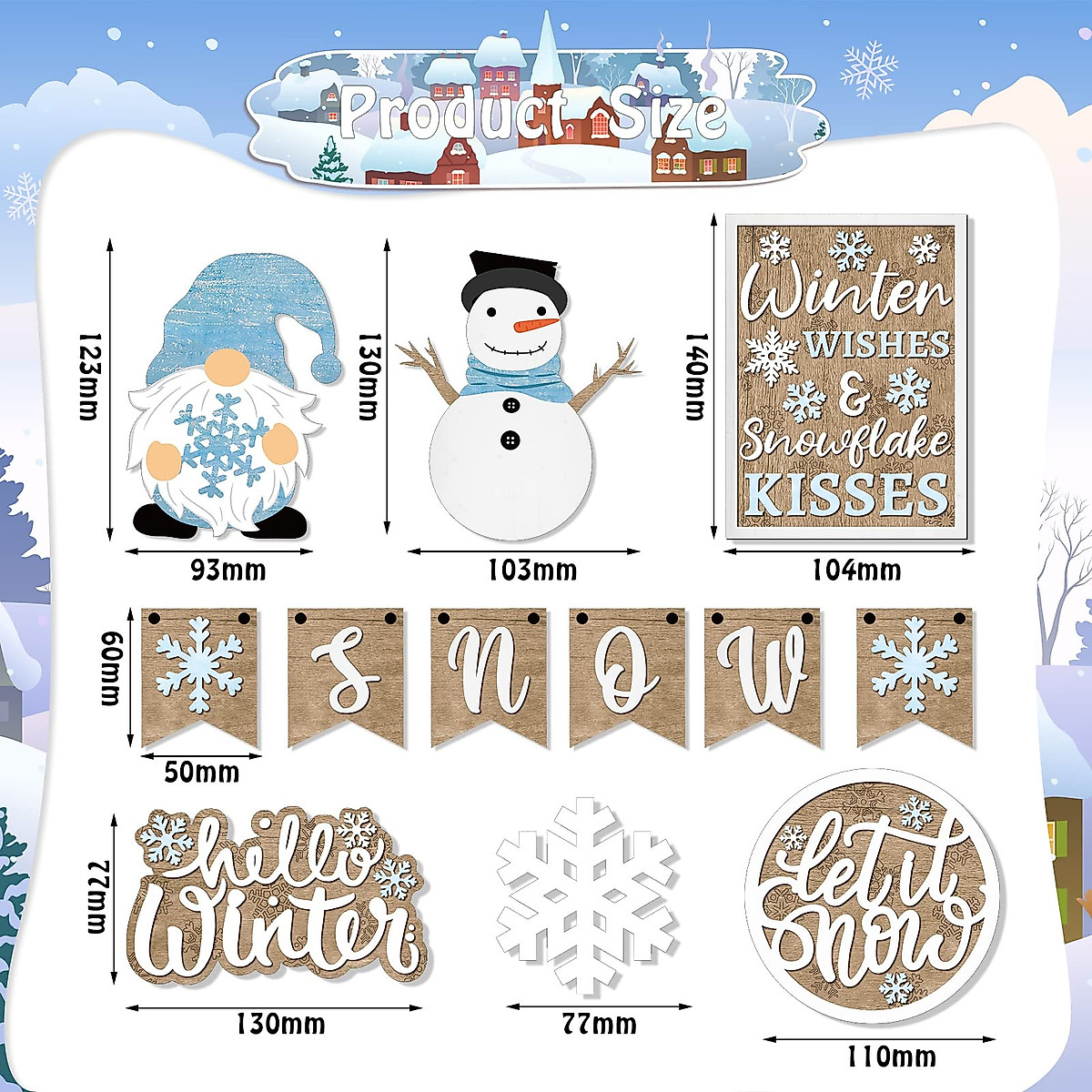 Qunclay Christmas Winter Tiered Tray Decor Wooden Signs Snowman Snowflake Wood Blocks Winter Farm Directional Sign Rustic Tabletop Signs Farmhouse Tiered Tray Decorations(Snowman Style, 12 Pcs)