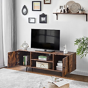 CLIPOP Mid Century Modern TV Console, 55" TV Stand for 65 Inch TVs, Wooden Entertainment Center with Storage, Open Shelf, Metal Leg for Living Room, Bedroom TV Cabinet for Flat Screens, Rustic Brown