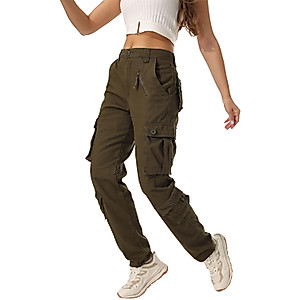 Raroauf Tall Girls Casual Pants for Women's Mid-Rise Cotton Work Cargo Pants Y2K Baggy Tactical Combat Trousers 8 Pockets Army Green Size 38/US 16