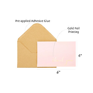 Thank You Cards - Blank 50 Pack Baby Pink Matte Finish Cards with Gold Foiled "Thank You" Printed with 52 Kraft Envelopes 4" x 6" - for Bridal Shower Baby Shower Birthday Party