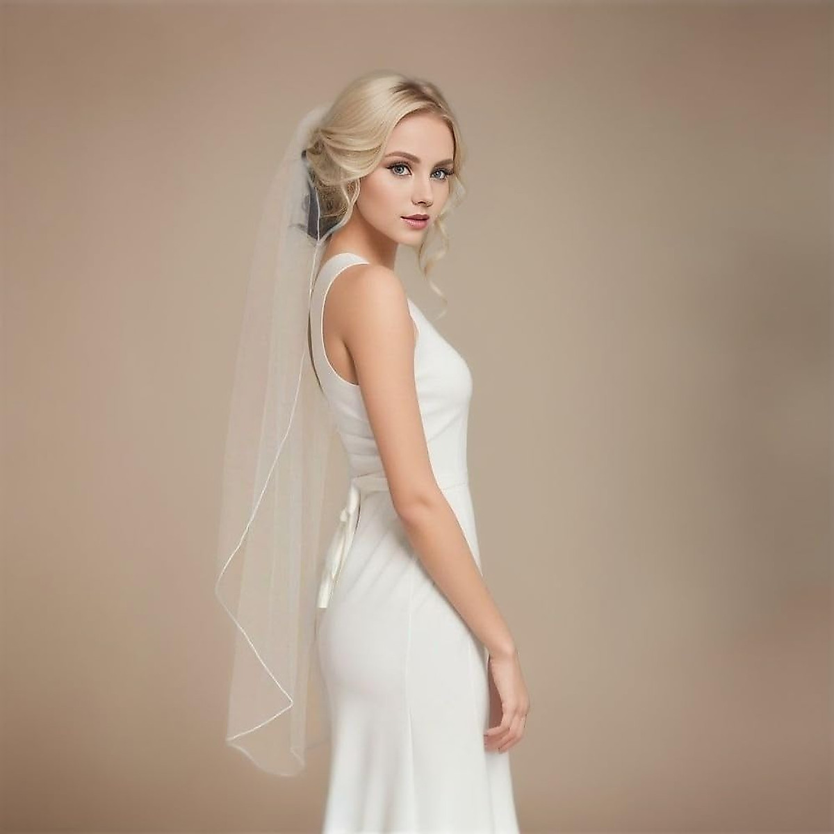 SAMKY 1T 1 Tier Pencil Edge Bridal Wedding Veil - Light Ivory Elbow Length 30"