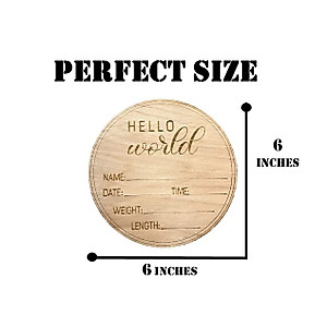 2OWLS Baby Birth Announcement Disc, Baby Birth Stat Plaque, Size 6" X 6", "Hello World" Newborn Sign. Baby Photography Prop and Keepsake. A Wooden Boho Baby Nursery.