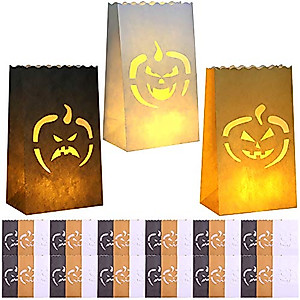 URATOT 36 Pieces Halloween Luminary Bags Jack-o'-Lantern Bags Pumpkin Silhouette Paper Bags Flame Resistant Lantern Bags Luminary Candle Bags 3 Designs for Halloween, Party, Home