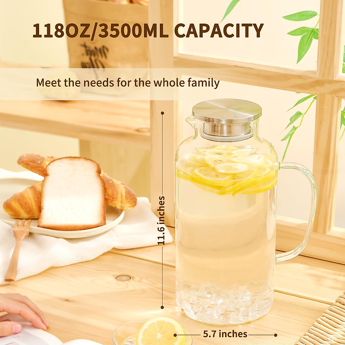 Hannadepot Glass Pitcher, 3.5L/118 oz Glass Water Pitcher with Lid and Spout, Heat/Cold Resistant Borosilicate Glass Water Carafe for Coffee, Juice and Homemade Beverage, with Long Cleaning Brush