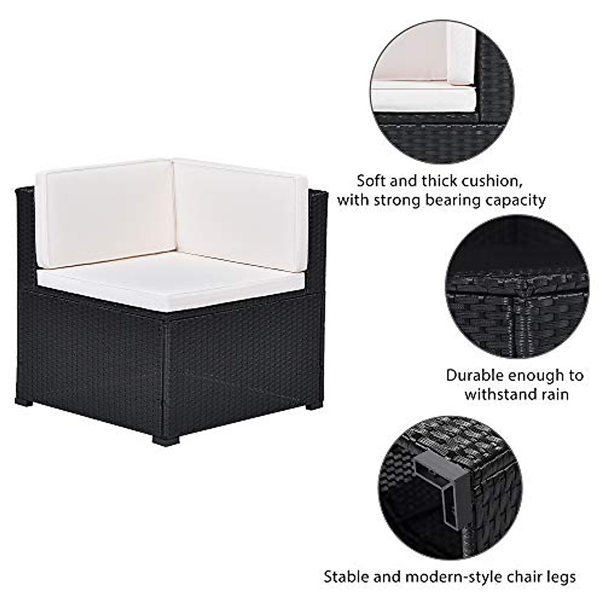 VOGU 5-Piece Outdoor Patio Dining Set Furniture Set, PE Wicker Rattan Sectional Corner Sofa Set Furniture Set with Ottoman/Glass Coffee Table Lying Chair (Black Wicker + Beige Cushion 05)