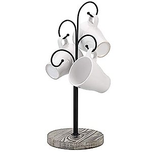 MyGift Black Metal Coffee Mug Tree Rack with 4 Curved Hooks and Grey Wood Base