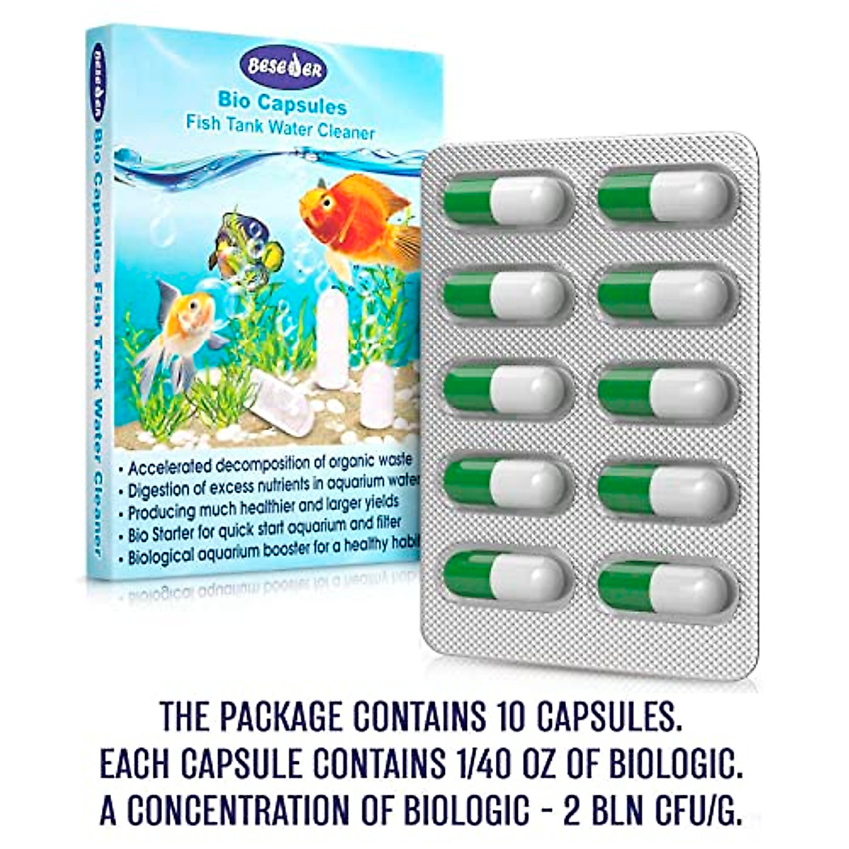 Bio Starter Aquarium Booster Fish Tank Water Cleaner Digester of Excess nutrients Makes Water Healthy Reduces The Amount of Nitrite and Ammonia Reduces The Need for Aquarium Cleaning, 10 caps.,1/4 oz