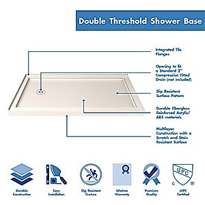 DreamLine SlimLine 36 in. D x 60 in. W x 2 3/4 in. H Left Drain Double Threshold Shower Base in Biscuit, DLT-1036601-22