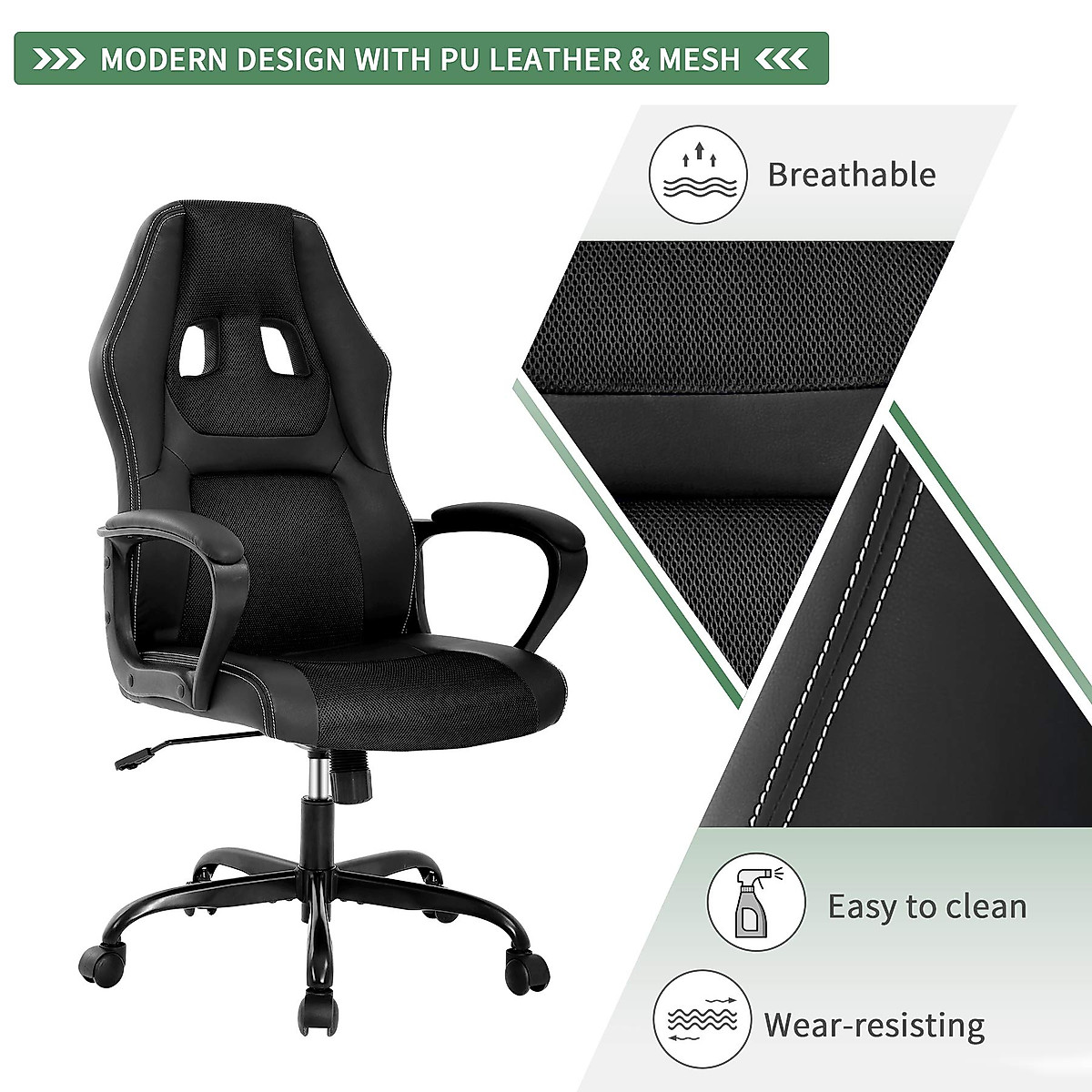 PC Gaming Chair Computer Desk Chair Ergonomic Office Chair Racing Game Chair for Women Men, High Back Chair PU Leather Chair Height Adjustable Task Chair w/Metal Base Headrest Armrest (Black)