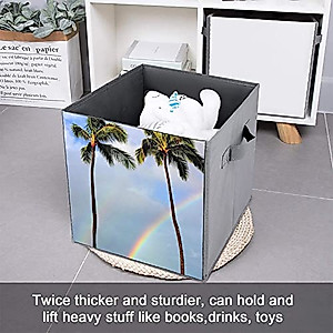 Rainbow Palm Trees PU Leather Collapsible Storage Bins Canvas Cube Organizer Basket with Handles