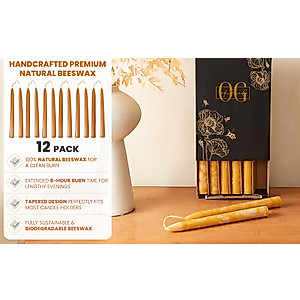 12 Dripless 8" Long Beeswax Taper Candles, 100% Natural Beeswax Taper Candles, Smokeless Tall Candlesticks, Decorative Long Burning Time, Drip Free Beeswax Candle Sticks for Home, Wedding, Dinner, etc