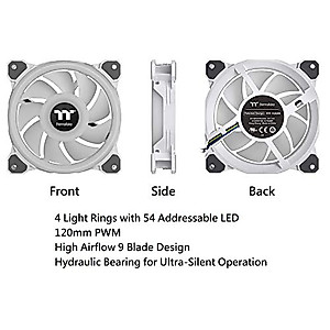 Thermaltake Riing Quad 120mm 16.8 Million RGB Color (Alexa, Razer Chroma) Software Enabled 4 Light Rings 54 Addressable LED 9 Blades Hydraulic Bearing White Case/Radiator Fan, 3 Pack, CL-F100-PL12SW-B