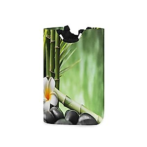 Zen Basalt Stone Bamboo and Blossom Flowers Collapsible Laundry Basket Fabric Laundry Hamper Foldable Clothes Bag Folding Washing Bin for College Student