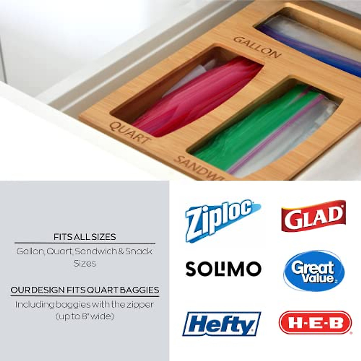 CHEF'S WIFE Ziplock Bag Storage Organizer for the Kitchen Drawer - Eco Friendly Bamboo Plastic Baggie Container - Compatible with Ziploc, Glad, Solimo, Hefty for Snack, Sandwich, Quart & Gallon Sizes