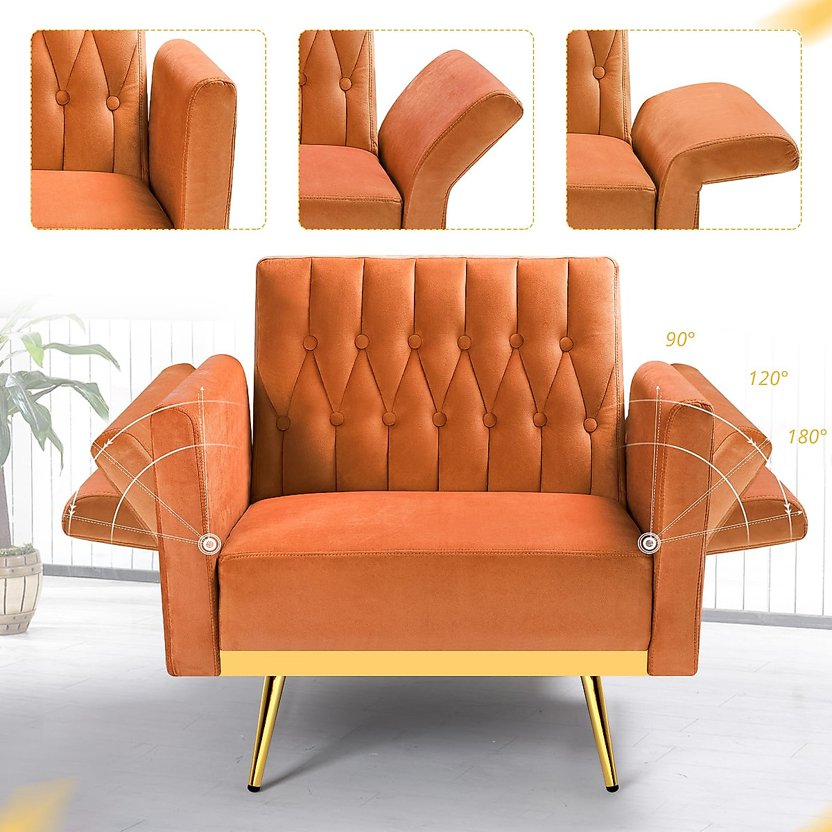 ACMEASE Velvet Accent Chair w/Adjustable Armrests and Backrest, Button Tufted Lounge Chair, Single Recliner Armchair with Ottoman and Pillow for Living Room, Bedroom,Orange