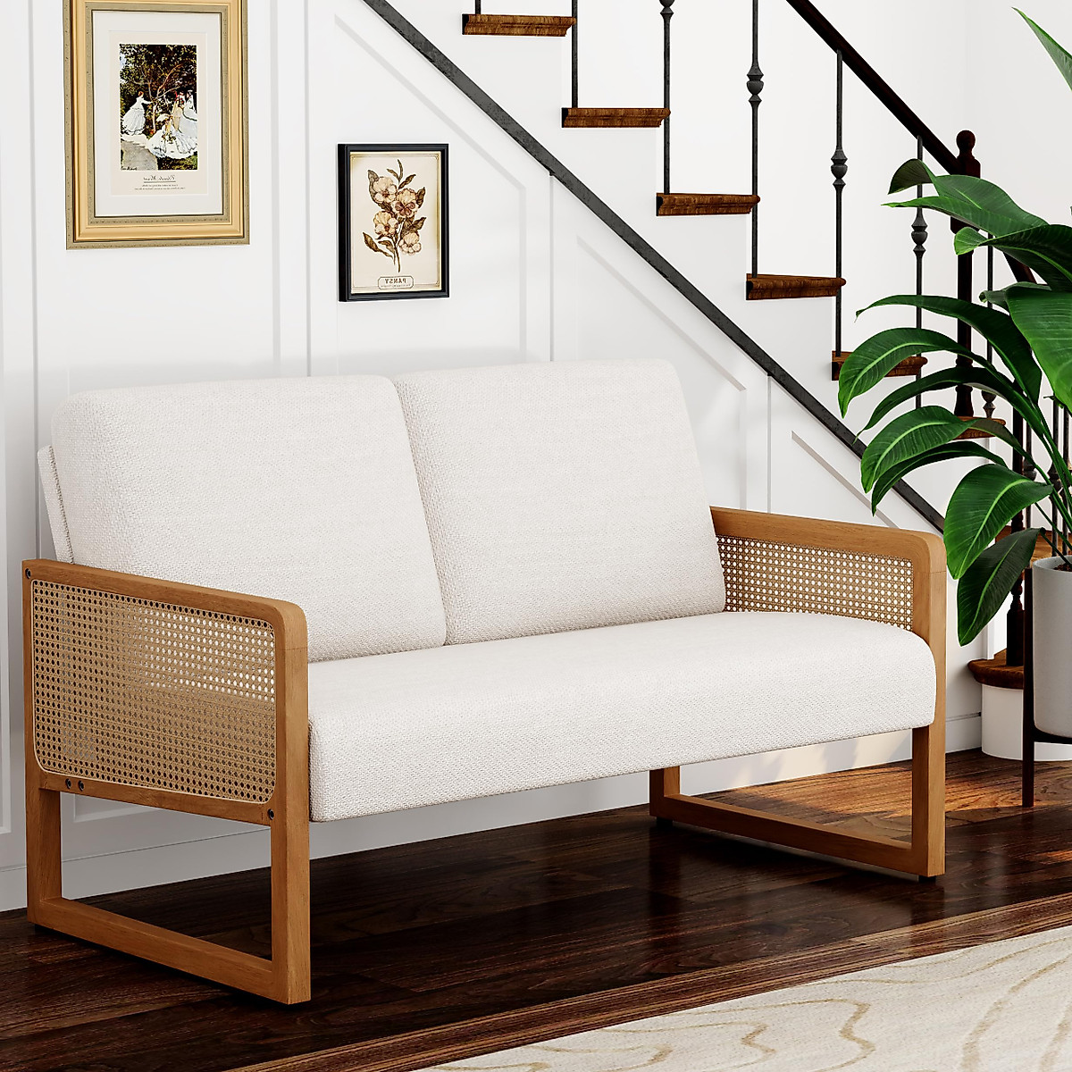 Apeaka Small Loveseat Sofa with Rattan Arms Linen Mini Couch for Living Room Bedroom Modern Upholstered Love Seat with Wood Legs Ivory
