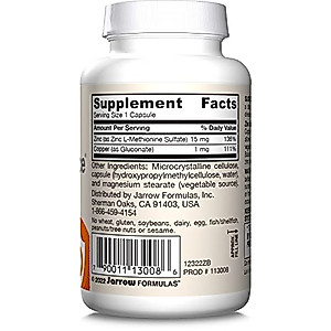 Jarrow Formulas Zinc Balance 15 mg - 100 Servings (Veggie Caps) - Includes Copper - Essential Mineral for Immune System Support - Immune Support Supplement - Gluten Free Zinc Copper Supplement - Vegan