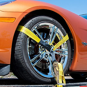 VULCAN Car Tie Down - Twisted Snap Hooks - Lasso Style - 2 Inch x 96 Inch - 2 Pack - Classic Yellow - 3,300 Pound Safe Working Load