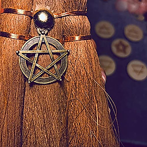 OKDOKEY 9.4" Witch Altar Broom & Four Elements and Pentacle Wood Runes Set | Miniature Pentagram Wicca Brush | Handmade Mane Broomstick for Majic Ceremonial, Halloween Broom, Wiccan Ritual Broom