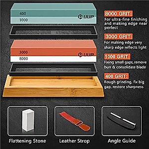 7PCS Knife Sharpening Stones, UUP Whetstone Sharpener Kit with Premium 4 Sides 400/1000 3000/8000 Grit Wet Stone Set, Leather Strop, Angle Guide, Flattening Stone for Kitchen Pocket Knives, Blade