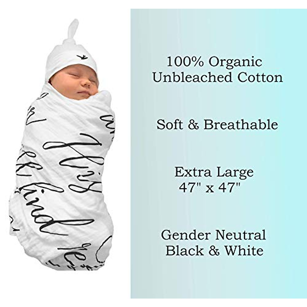 Under His Wings Muslin Swaddle & Bonus Baby Hat with Scripture Quote (Psalm 91) - 100% Organic Unbleached Cotton - Swaddle/Blanket is a Unique Shower & Baptism Gift -
