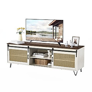 VINGLI Rattan TV Stand for TV's up to 75 Inch Farmhouse Boho Entertainment Center with Sliding Barn Door for Living Room, White, 70(W) x15.8(D) x23.6(H)