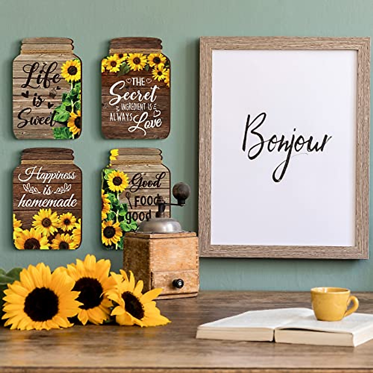 4 Pcs Kitchen Wall Decor Mason Jar Set Wooden Rustic Home Decor Inspirational Kitchen Decor Hanging Farmhouse Kitchen Signs Wall Decor for Home Decor (Sunflower)