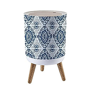 TOMYEUS Small Trash Can with Lid Ikat Seamless tie dye Shibori Print with Stripes and Ink Textured Garbage Bin Wood Waste Bin Press Cover Round Wastebasket for Bathroom Bedroom Diaper Office Kitchen