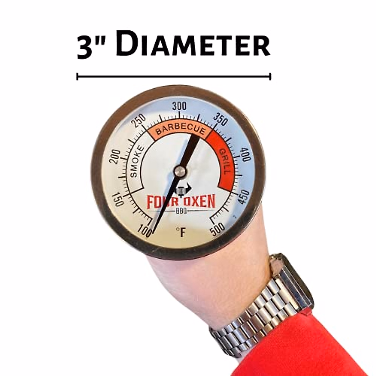 Four Oxen BBQ Grill Thermometer, 3-inch Aluminum Zoned Dial, 4-inch Stem, 100/500 Degrees F Temperature Gauge for Barbecue Pits, Smokers, and Cookers